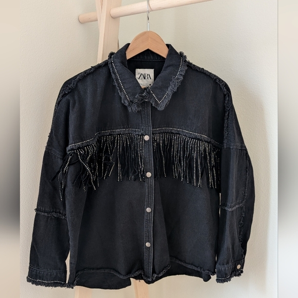 Zara | Tops | Zara Embellished Fringe Western Style Denim Shirt In ...